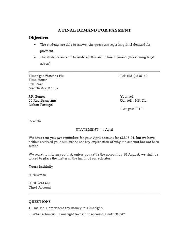 A Final Demand For Payment Objective:: Questions | PDF | Business ...