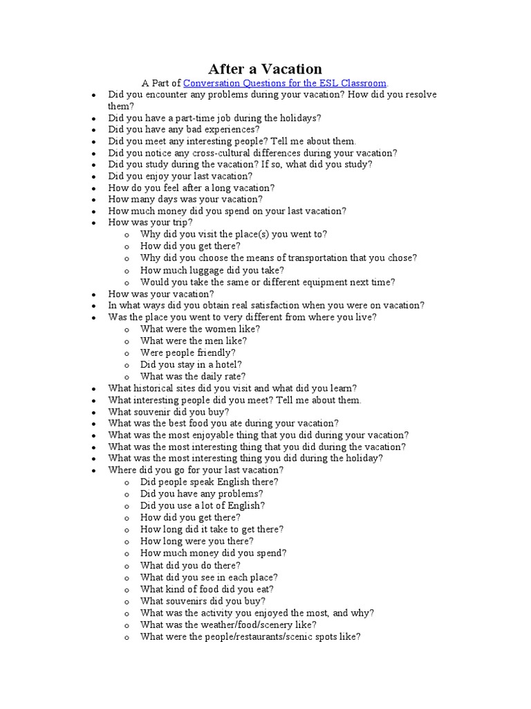 After A Vacation: Conversation Questions For The ESL Classroom | PDF ...