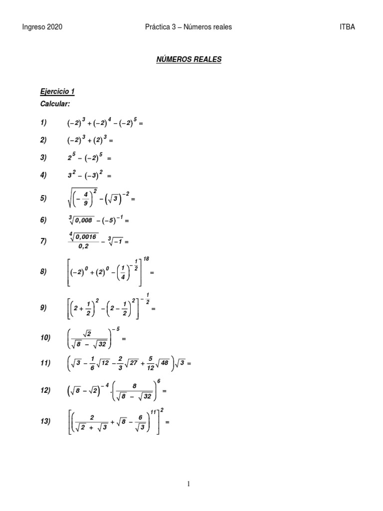 Práctica de números reales: ejercicios sobre operaciones y propiedades ...