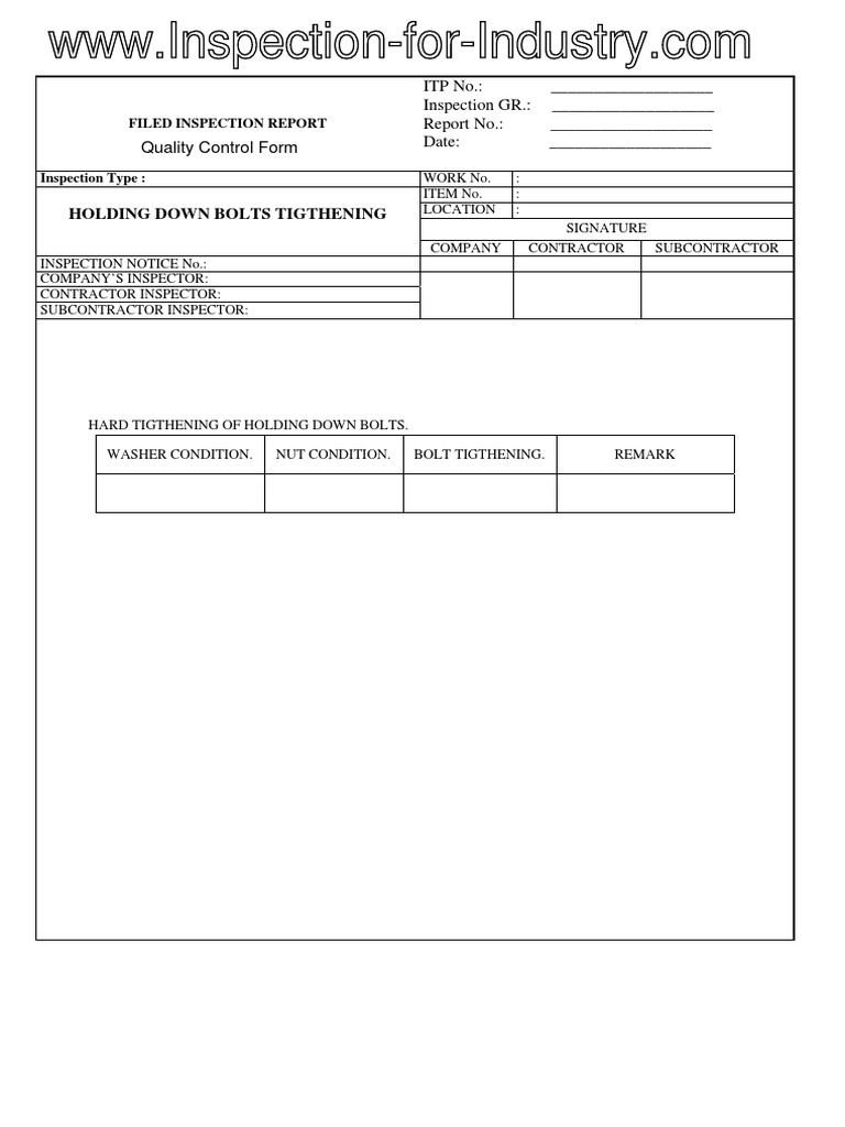 Holding Down Bolts Tightening Quality Control and Inspection Report ...