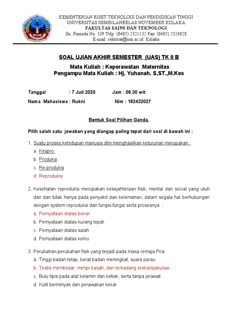 Soal Uas TK 2B Maternitas 2020 | PDF