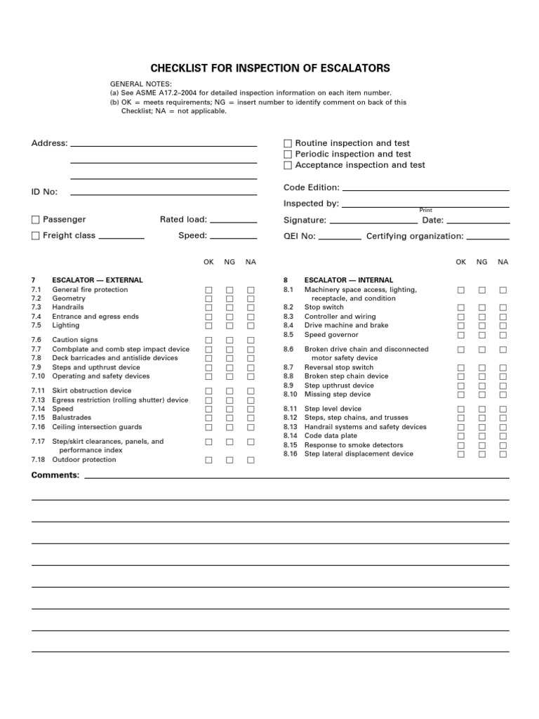 Checklist For Escalator Inspection | PDF | Escalator | Manufactured Goods