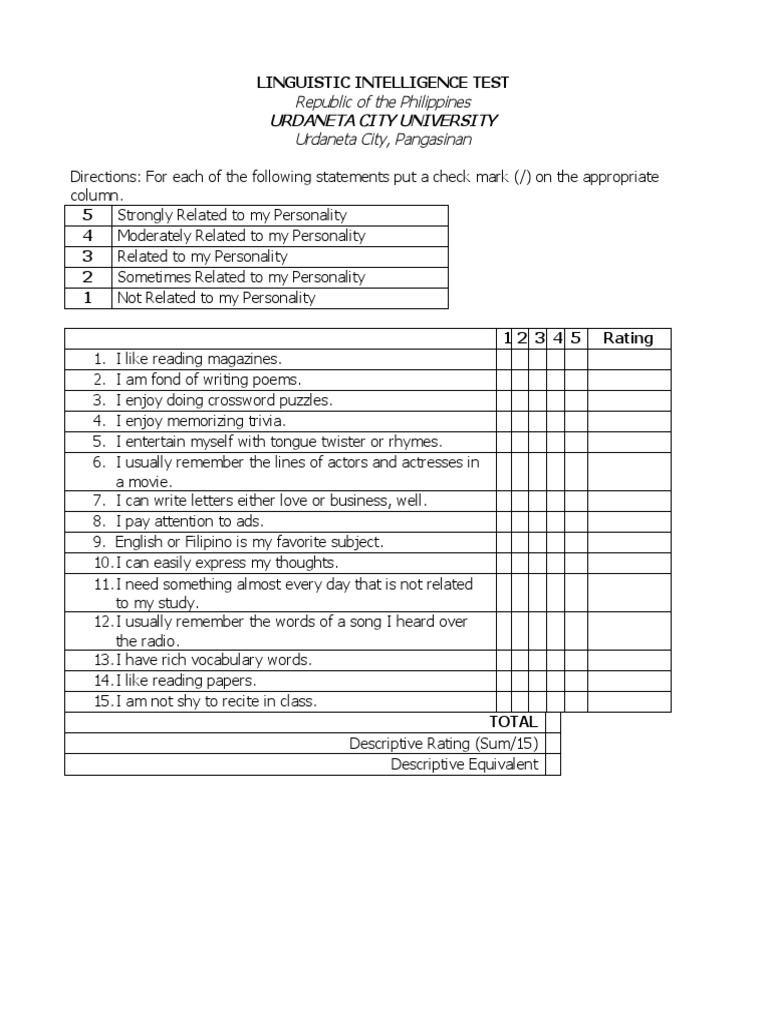 Linguistic Intelligence Test Urdaneta City University | PDF