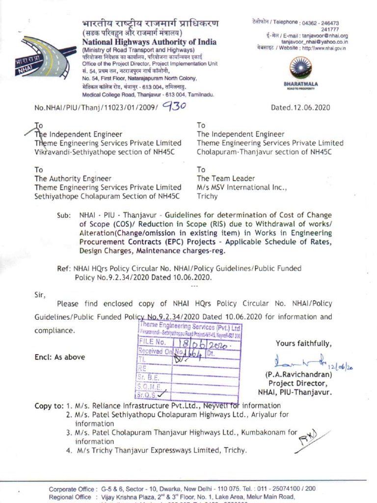 NHAI Circular - 9.2.34-2020 DT 10.06.2020 - Applicable of SOR, Design ...