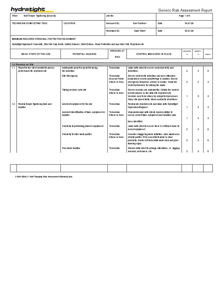 (EDIT) F-SAF-0046.11 Bolt Torquing Risk Assessment (Generic) | PDF ...