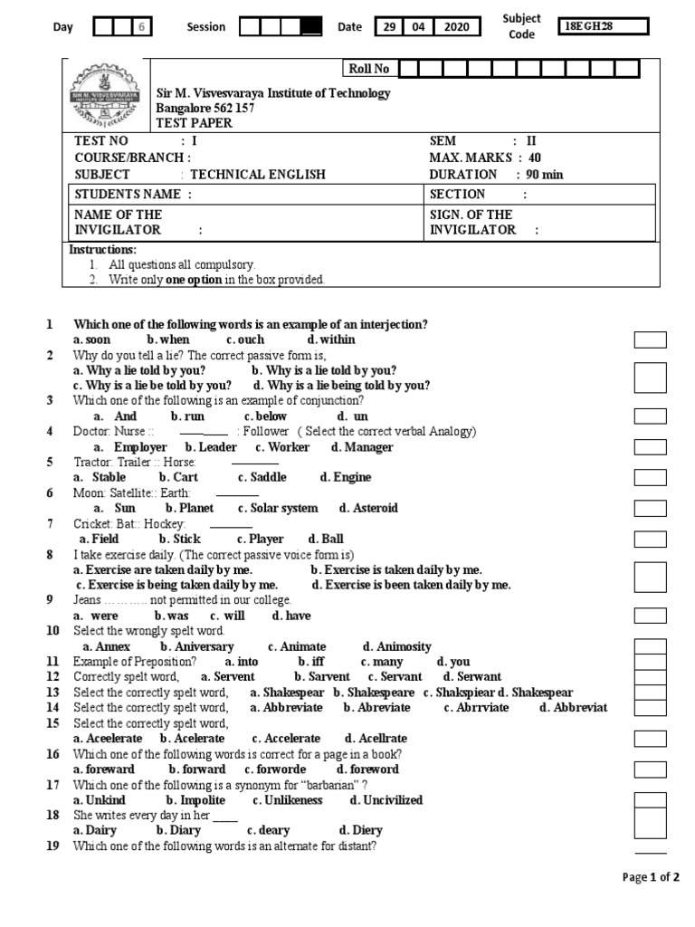 English Question Paper April-2020 2nd Sem, 1st Internal | PDF ...