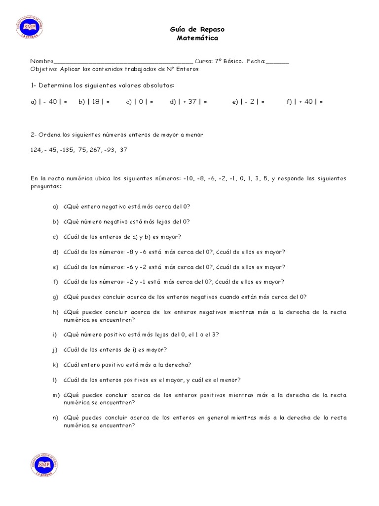 Guía de Repaso: Números Enteros 7º Básico | PDF | Entero | Matemática ...
