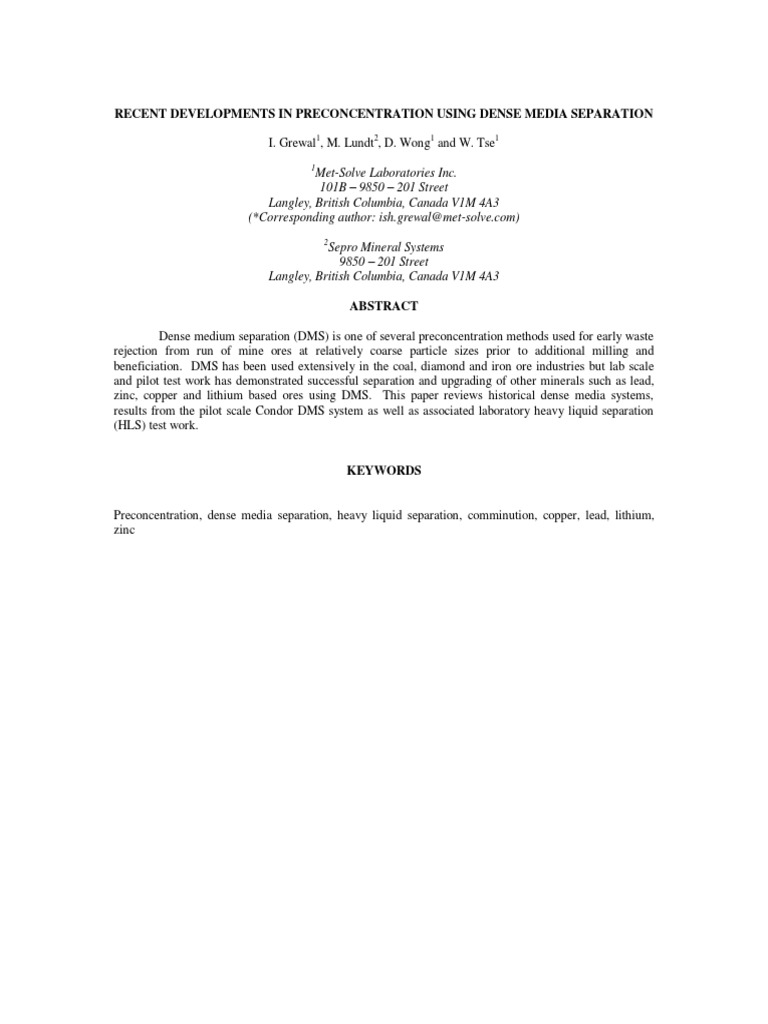 Recent Developments in Preconcentration Using Dense Media Separation ...