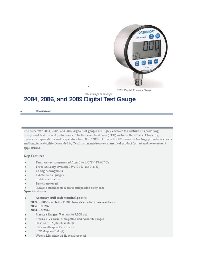 2084, 2086, and 2089 Digital Test Gauge: Applications Certificates ...