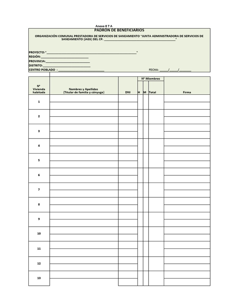 Anexo 07A Formato Padrón de Beneficarios | PDF | Agua y política | Ambiente