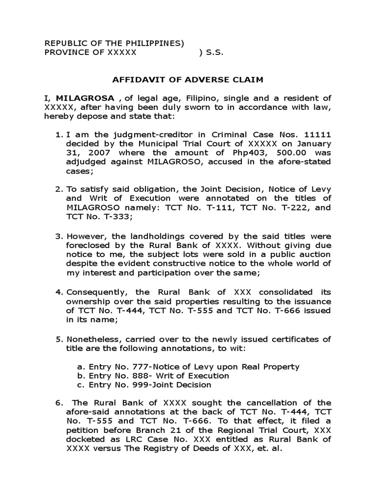 Affidavit of Adverse Claim1 | PDF | Affidavit | Justice