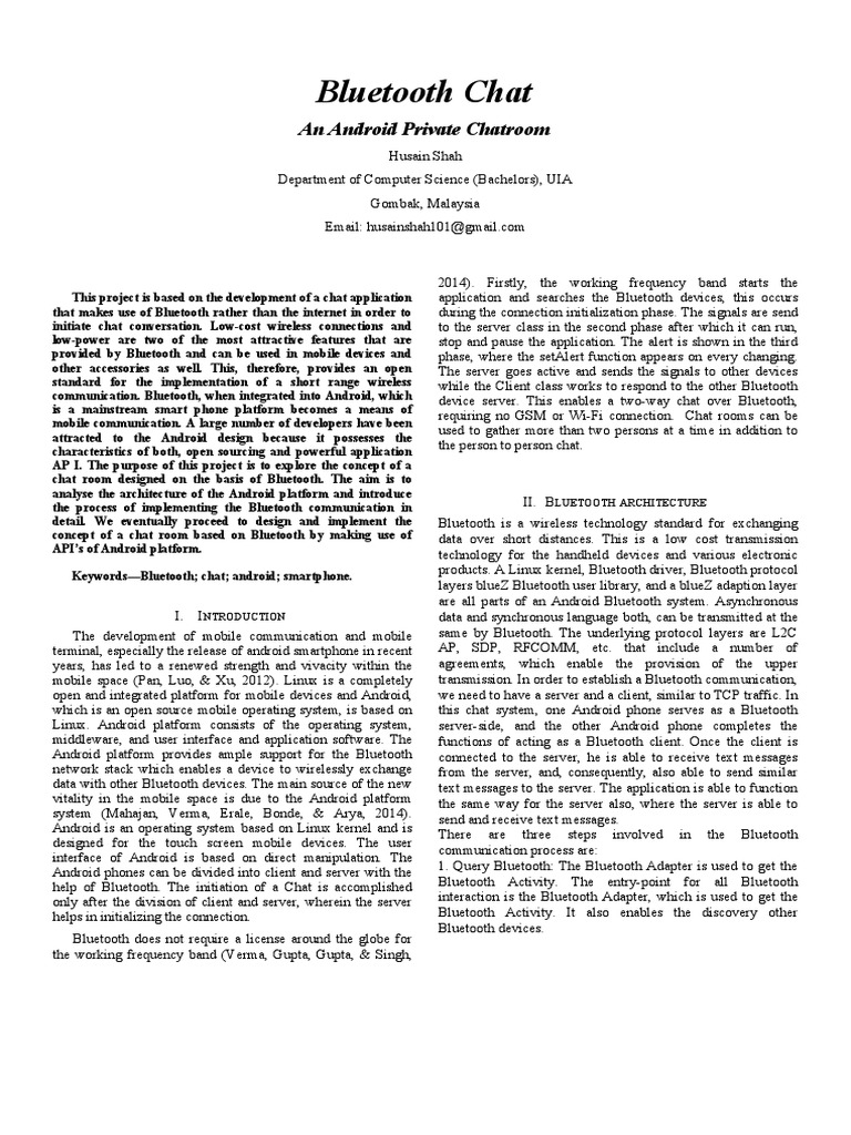 Bluetooth Chat: An Android Private Chatroom | PDF | Bluetooth | Android (Operating System)