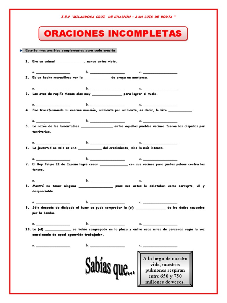 Oraciones Incompletas Aula A - Sec | PDF | Naturaleza