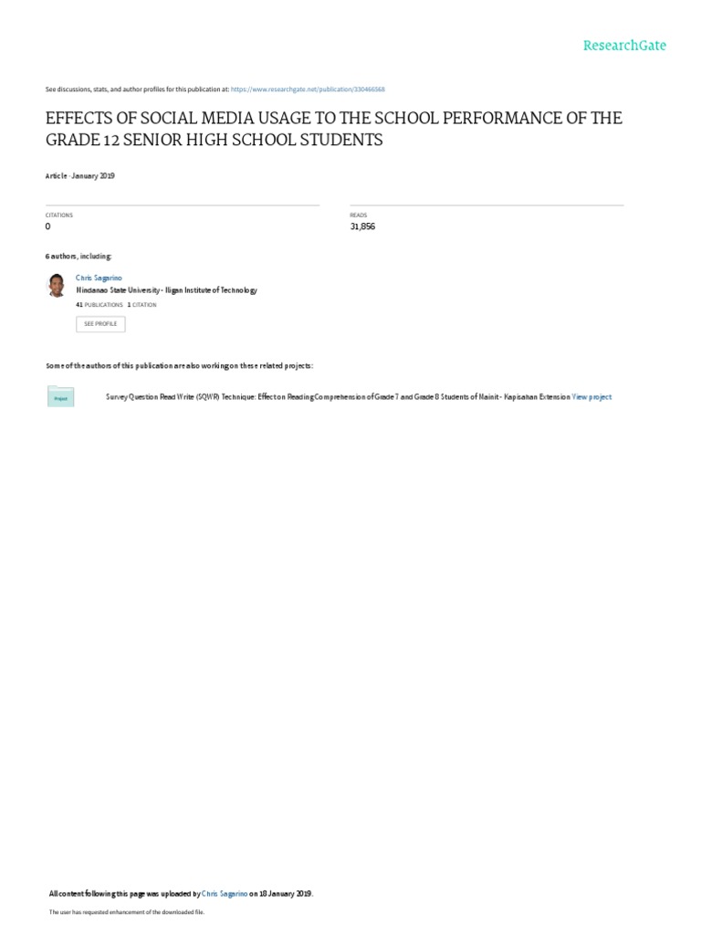Effects of Social Media Usage To The School Performance of The Grade 12 ...