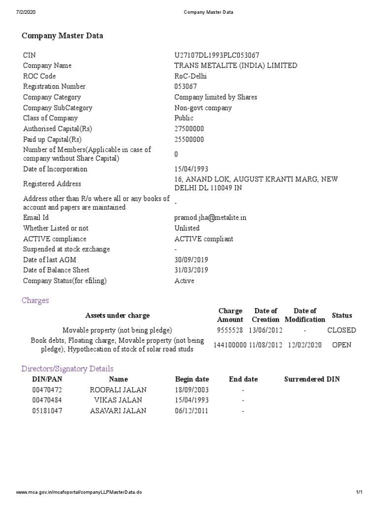 Company Master Data: Charges | PDF | Private Law | Corporations