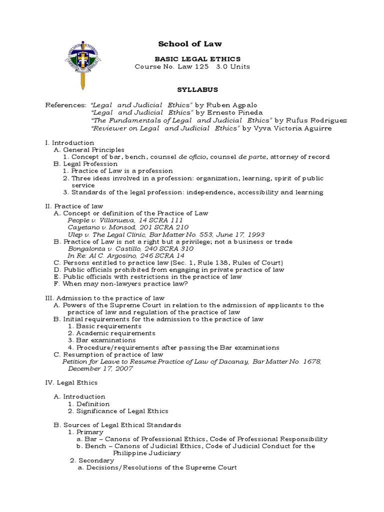 Basic Legal Ethics Syllabus | PDF | Lawyer | Practice Of Law