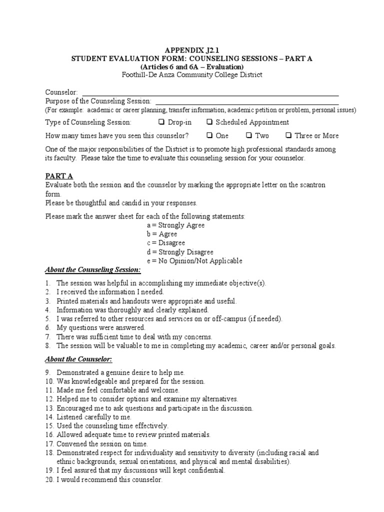 Appendix J2.1 Student Evaluation Form: Counseling Sessions - Part A ...