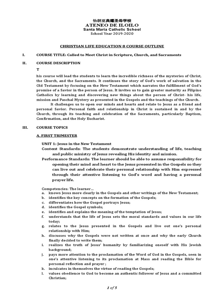 Ateneo de Iloilo: Christian Life Education 8 Course Outline | PDF ...
