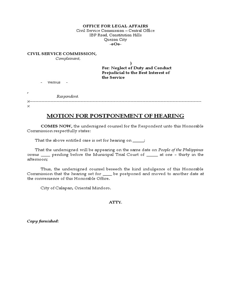 Motion For Postponement of Hearing: Office For Legal Affairs | PDF