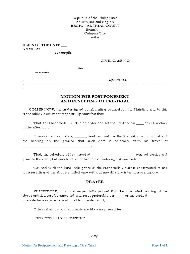 Motion to Postpone Pre-Trial Hearing | PDF | Law