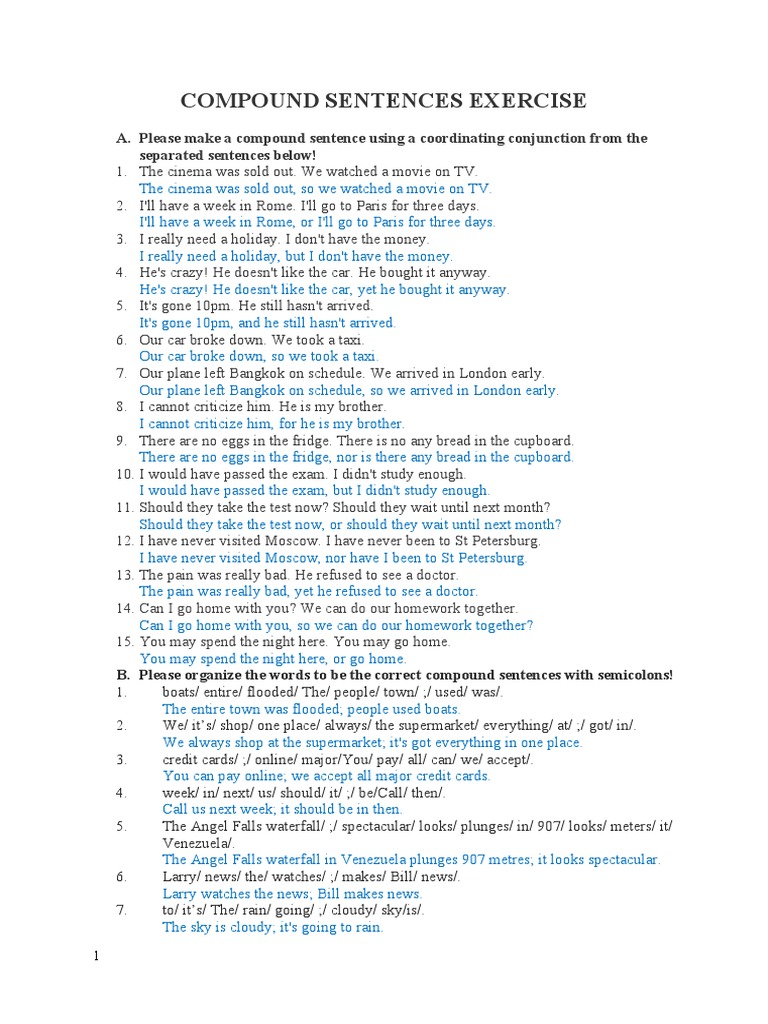 Compound Sentence Exercise | PDF