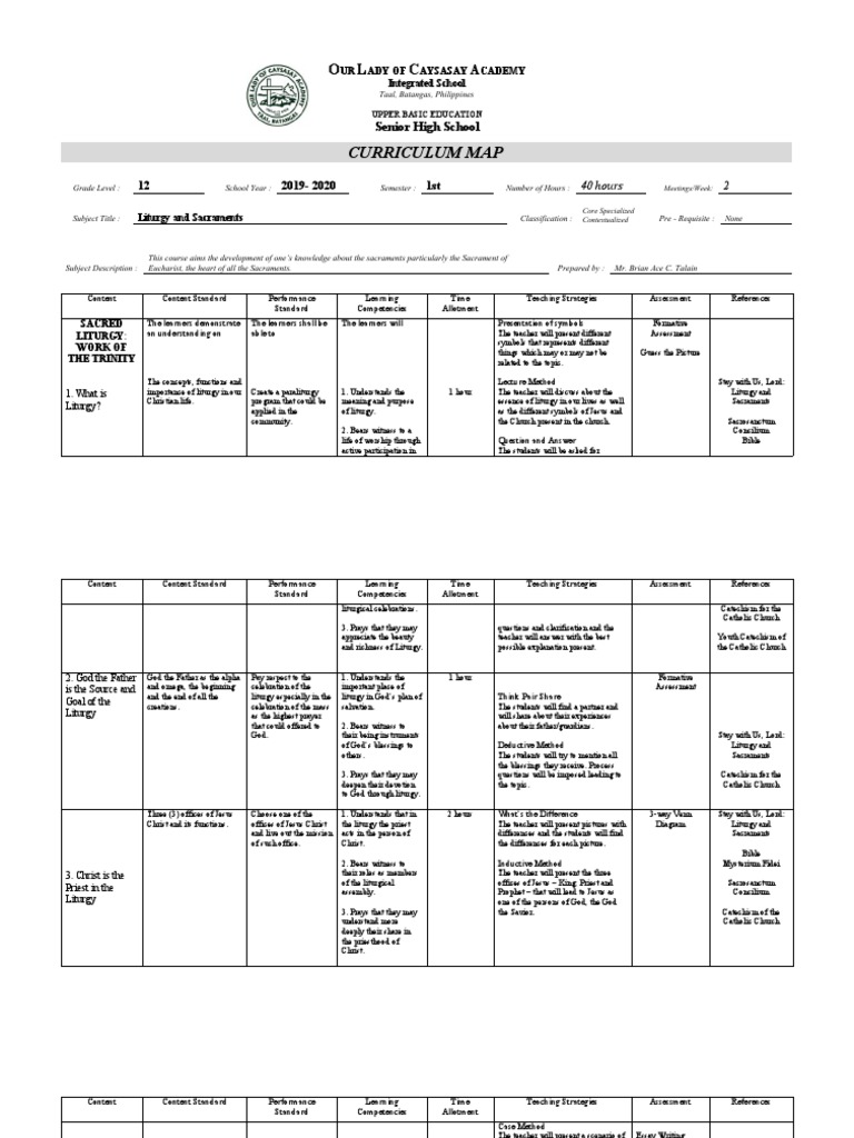 Curriculum Map: Senior High School | PDF | Eucharist | Confirmation