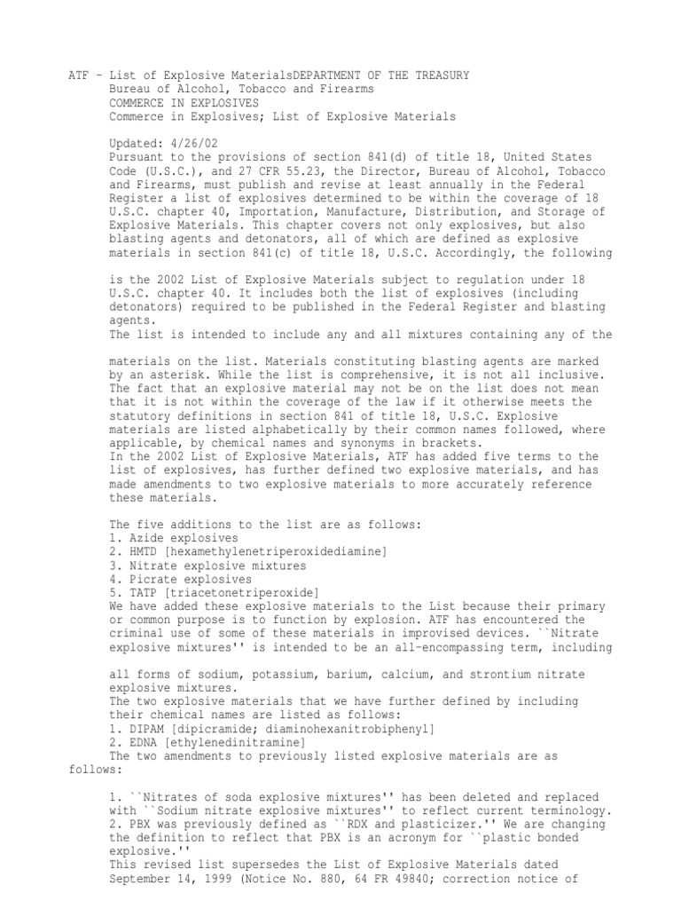 ATF - List of Explosive Materials | United States Code | Bureau Of Alcohol