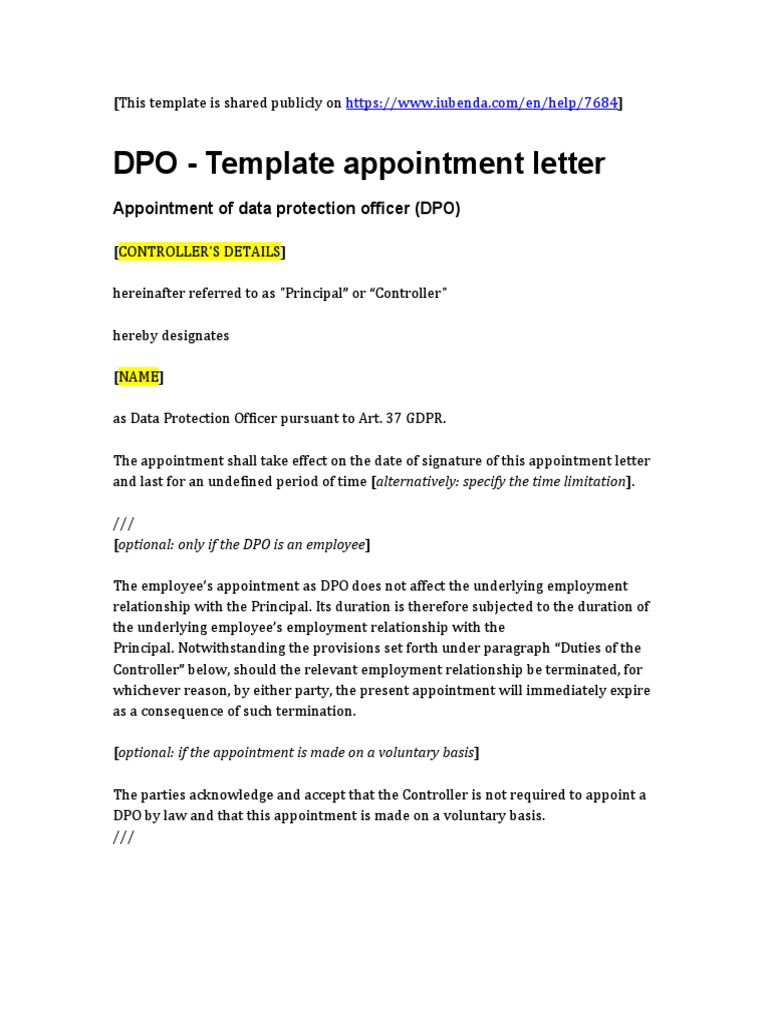 DPO - Template Appointment Letter | PDF | Public Sphere | Government