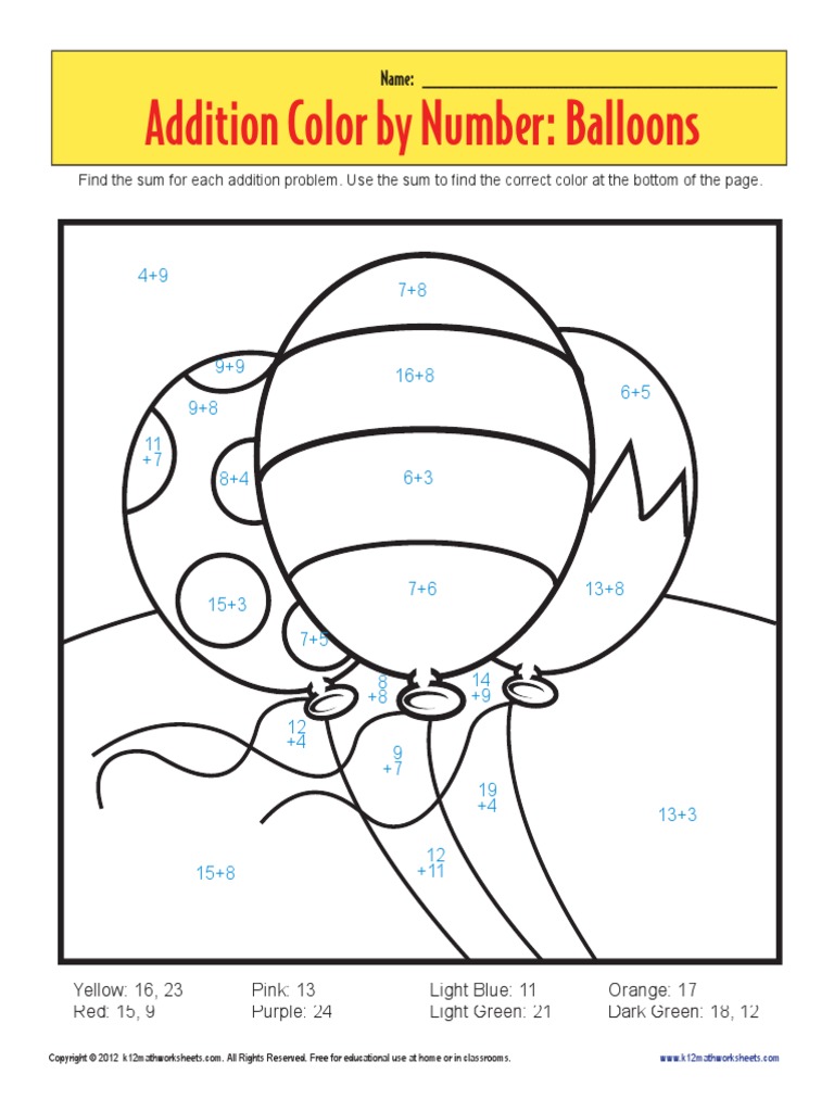 Addition Color by Number: Balloons: Name | PDF | Green | Color