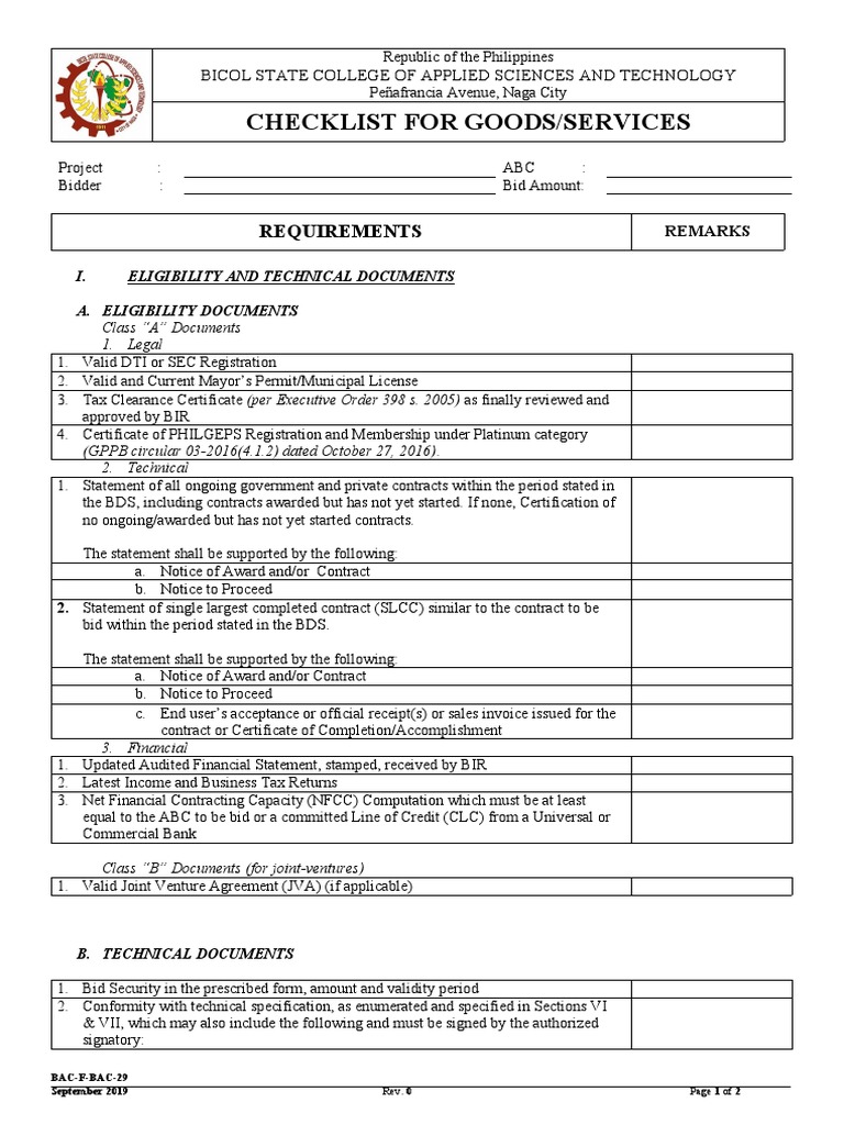 Checklist For Goods/Services: Requirements | PDF | Joint Venture | Receipt
