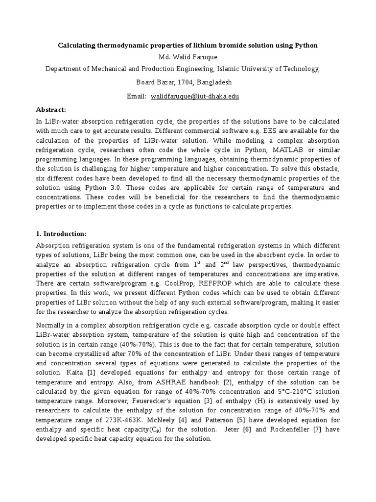Calculating Thermodynamic Properties of Lithium Bromide Solution Using Python | PDF | Enthalpy ...