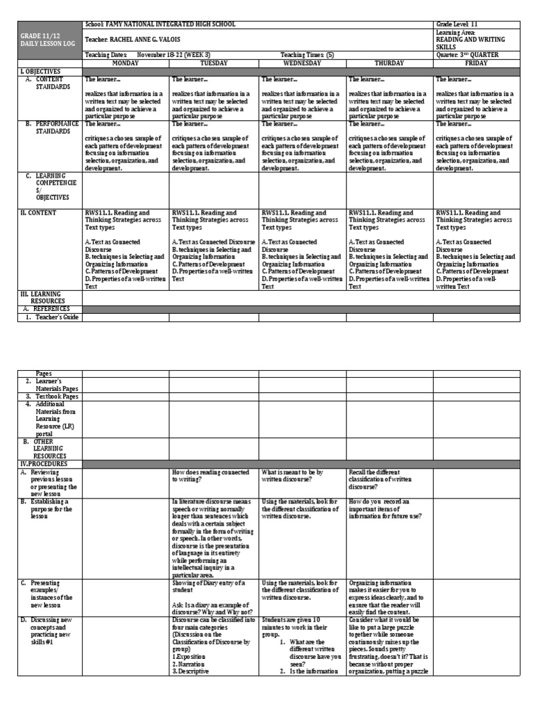 Grade 11 Reading and Writing Skills Lesson Plan | PDF | Pedagogy | Learning