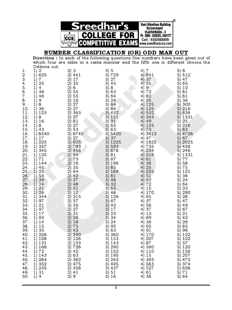 Reasoning - Number Classification or Odd Man Out PDF | PDF