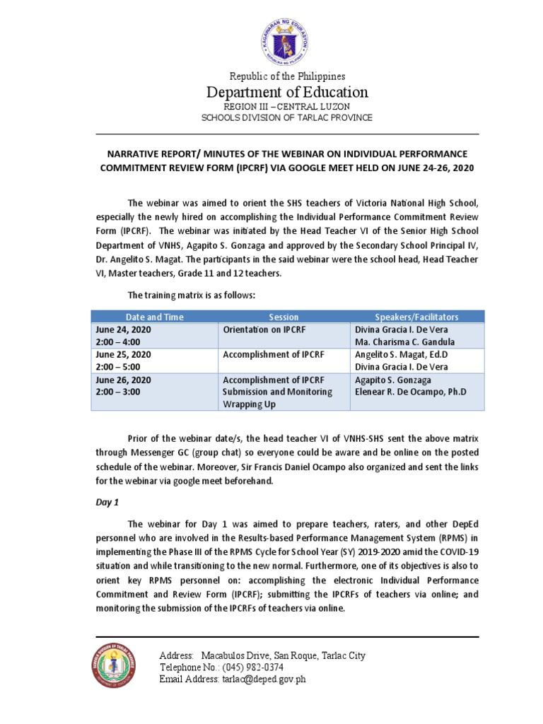Narrative Report On VNHS-SHS Webinar Day 1-2 | PDF | Communication ...