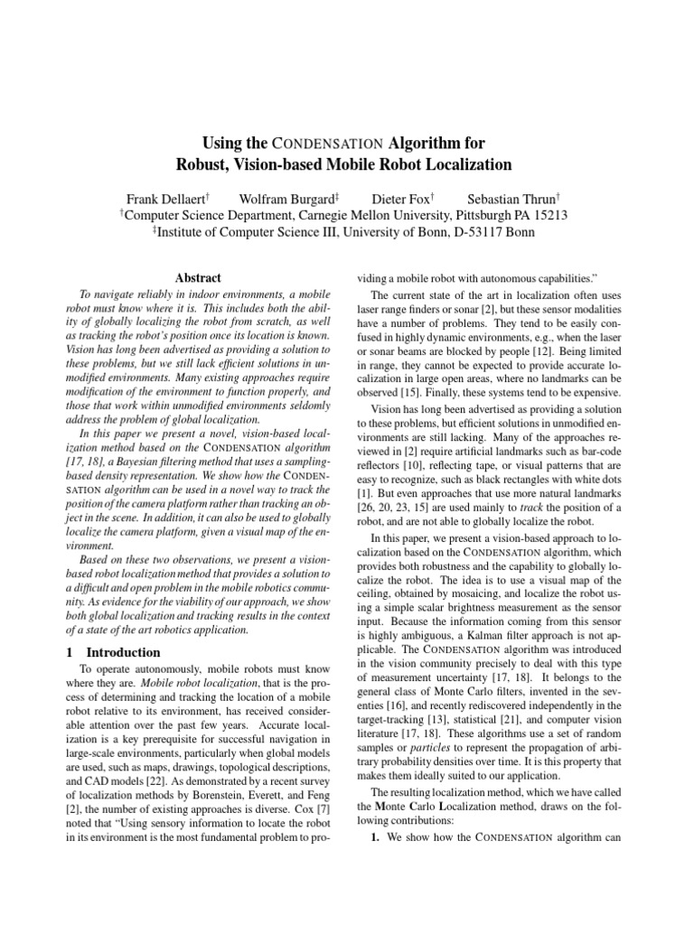 Using The C Algorithm For Robust Vision Based Mobile Robot Localization Pdf Kalman Filter