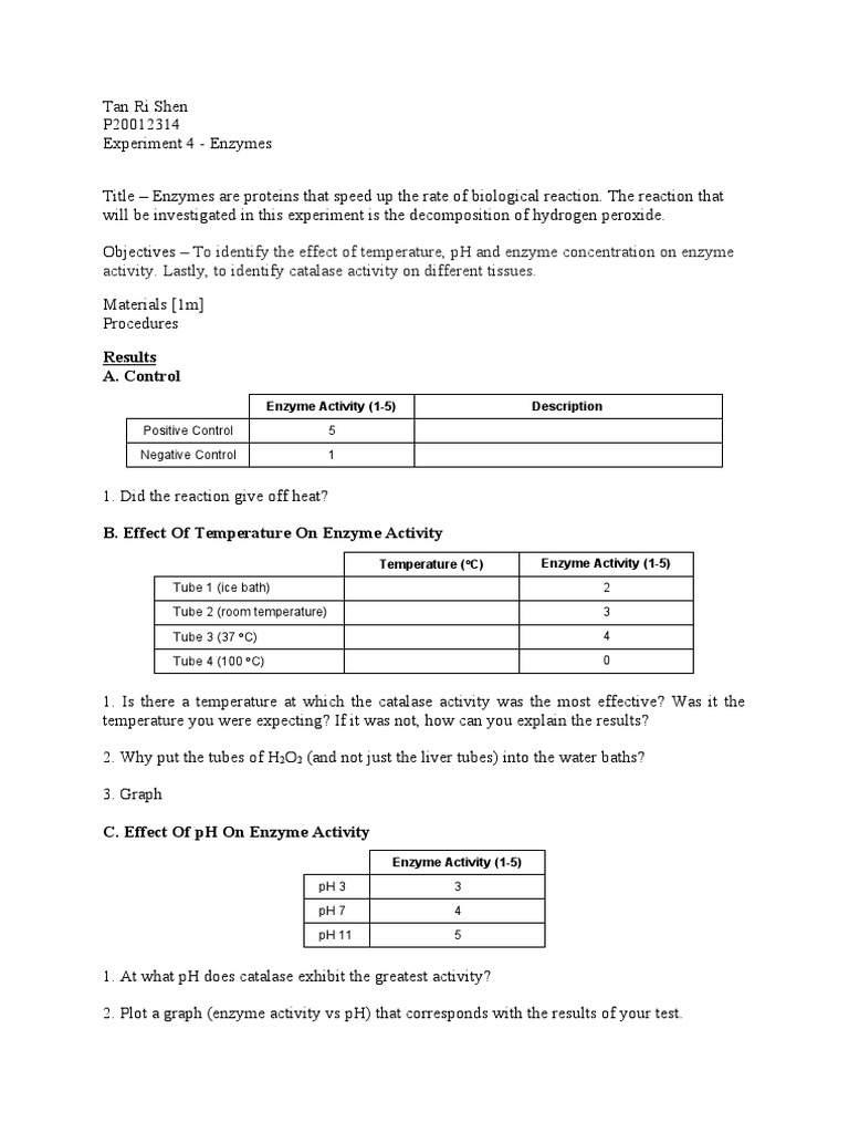 Enzyme Activity Experiment Analysis | PDF | Ph | Active Site