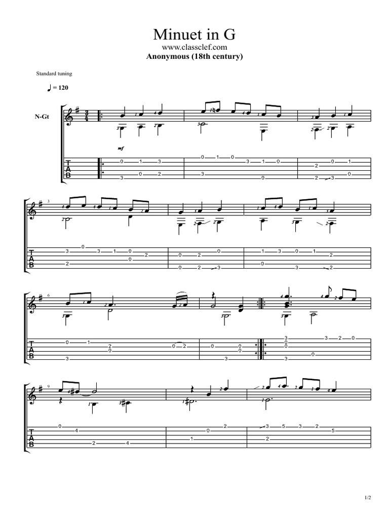 Minuet in G for Guitar: Sheet Music | PDF