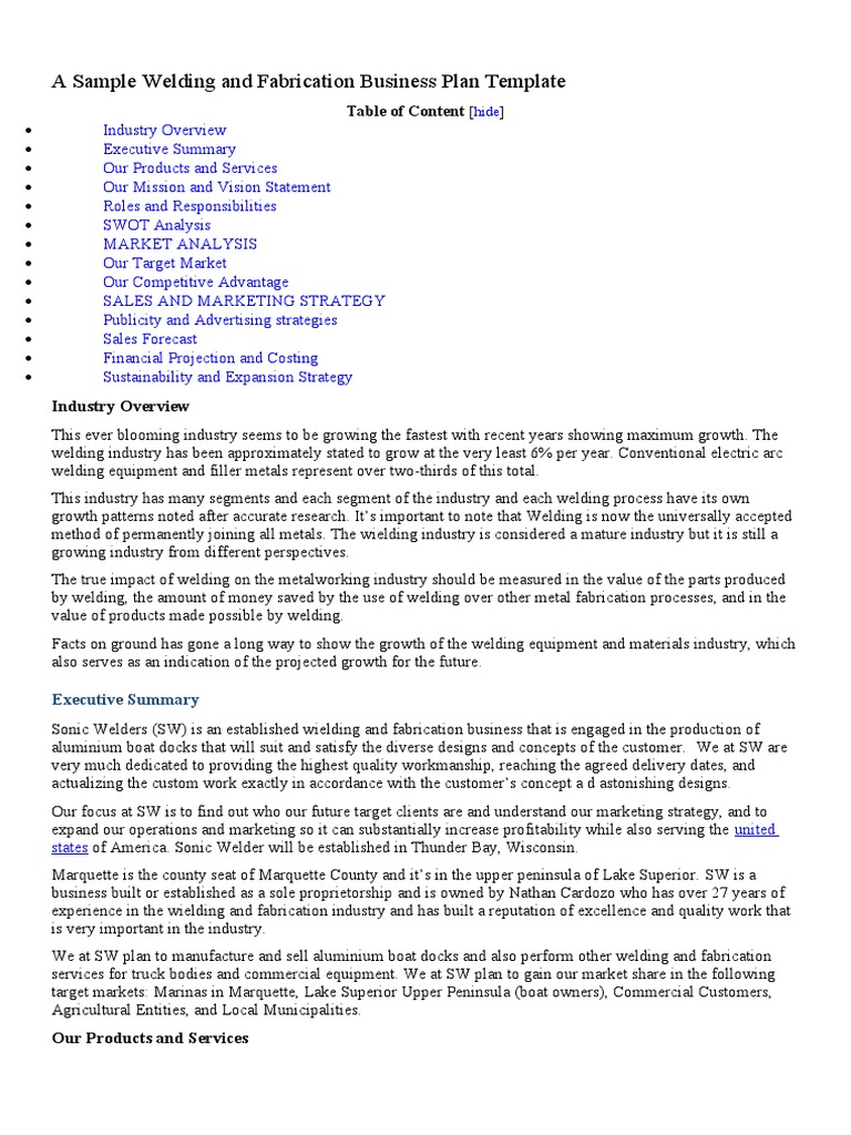 Welding and Fabrication Business Plan | Download Free PDF | Welding ...