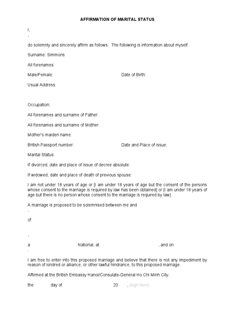 2018-12-19 Marital Status Affirmation Form | PDF | Consul ...