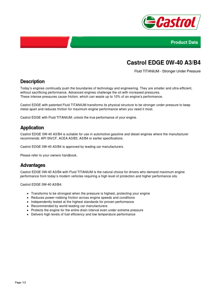 Castrol EDGE 0W-40 A3/B4: Description | PDF | Engines | Pressure