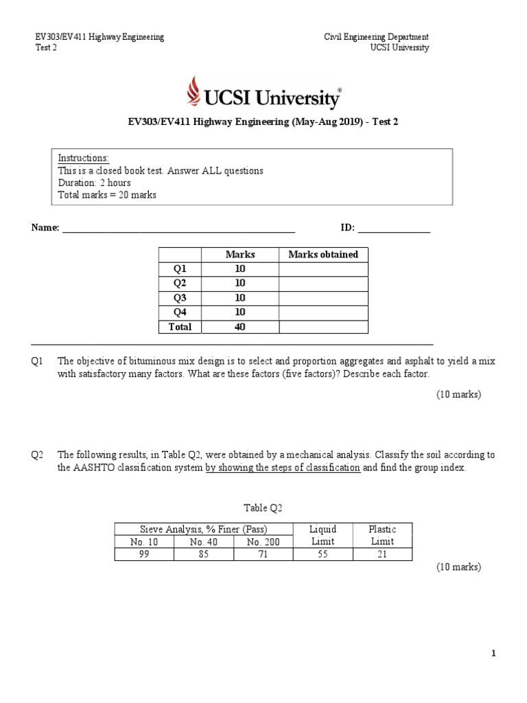 Test 2 - May 2019 Highway Engineering EV303 EV411 | PDF | Road Surface ...