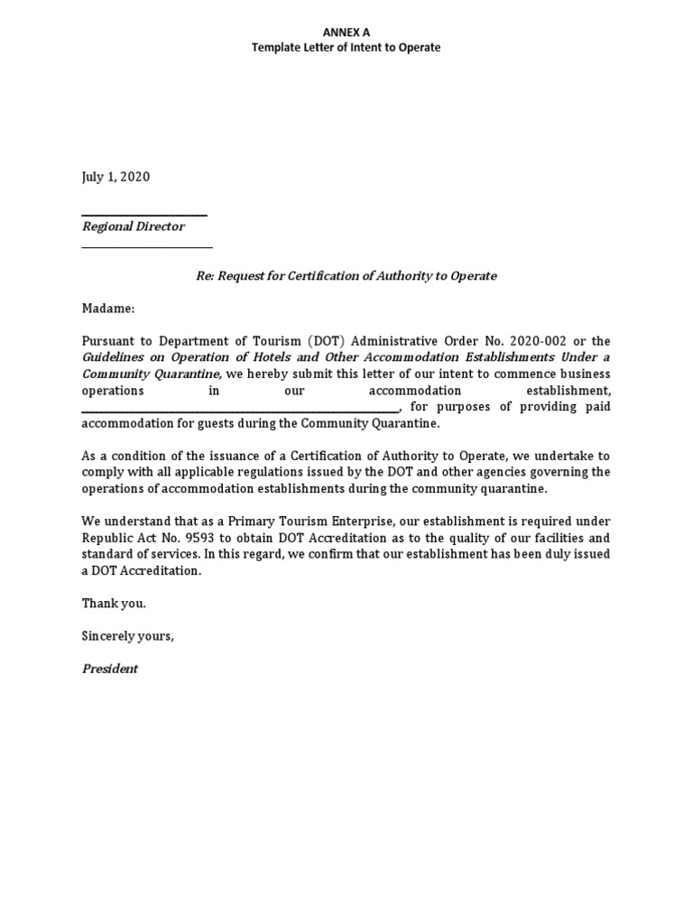Letter of Intent (Certificate of Authority To Operate) | PDF