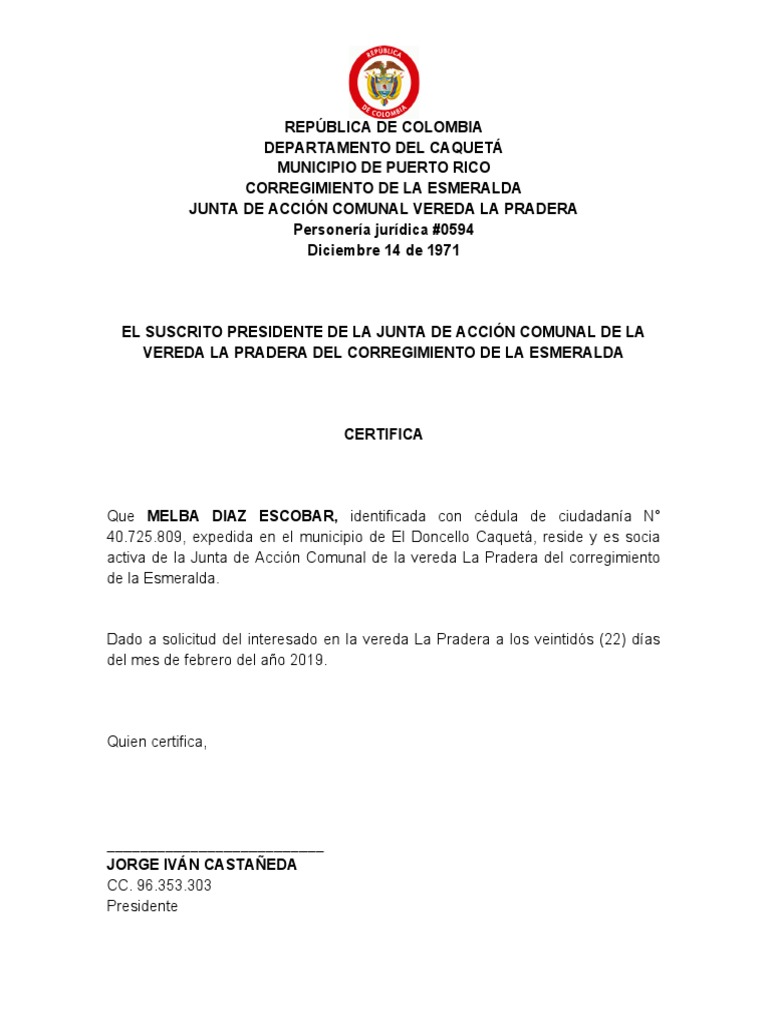 Formato Certificado Junta de Acción Comunal | PDF