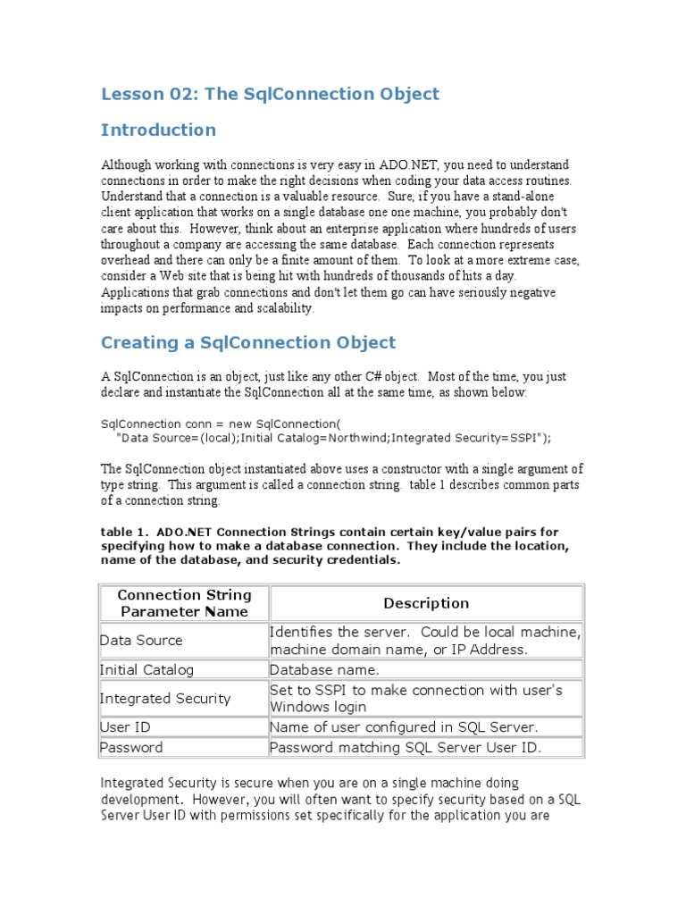 Lesson 02 The Sqlconnection Object Connection String Parameter Name Description Pdf 