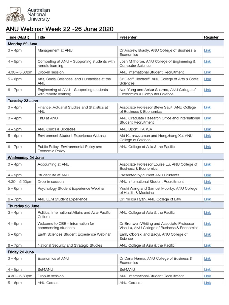 ANU Webinar Week Program Schedule Only | PDF | Inquiry | Academia