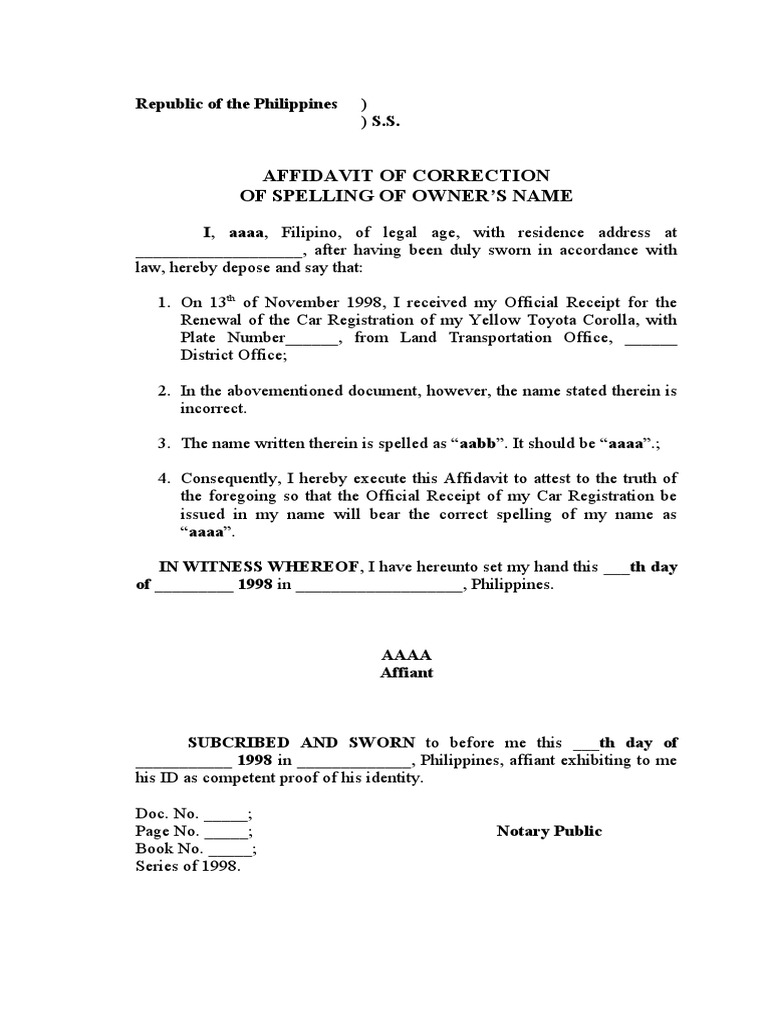 Affidavit of Correction of Spelling of Name | PDF Affidavit of Correction of Spelling of Name | PDF