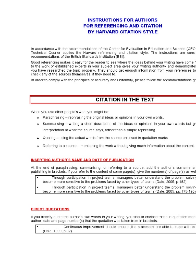 Instructions For Harvard Style Manual | PDF | Thesis | Citation