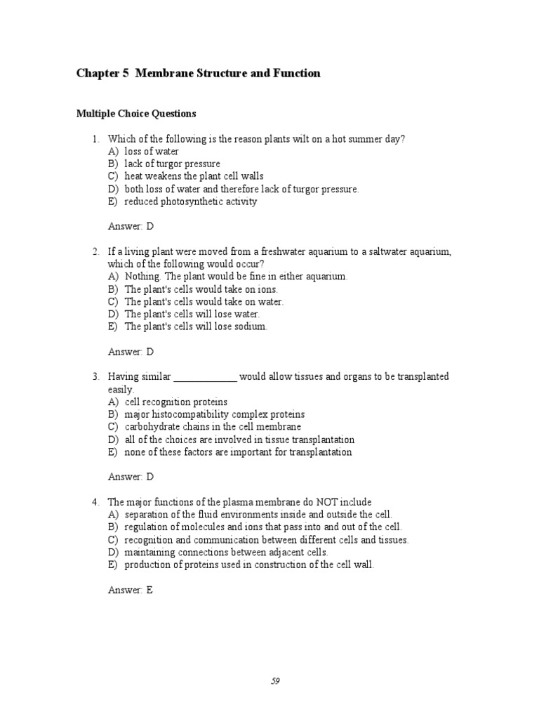 Chapter 5 Membrane Structure and Function: Multiple Choice Questions ...