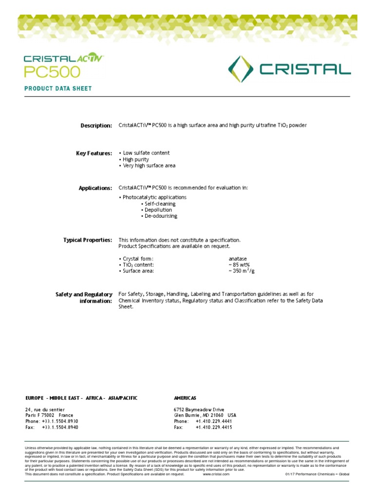 CristalActiV PC500 DataSheet | PDF | Titanium Dioxide | Specification (Technical Standard)
