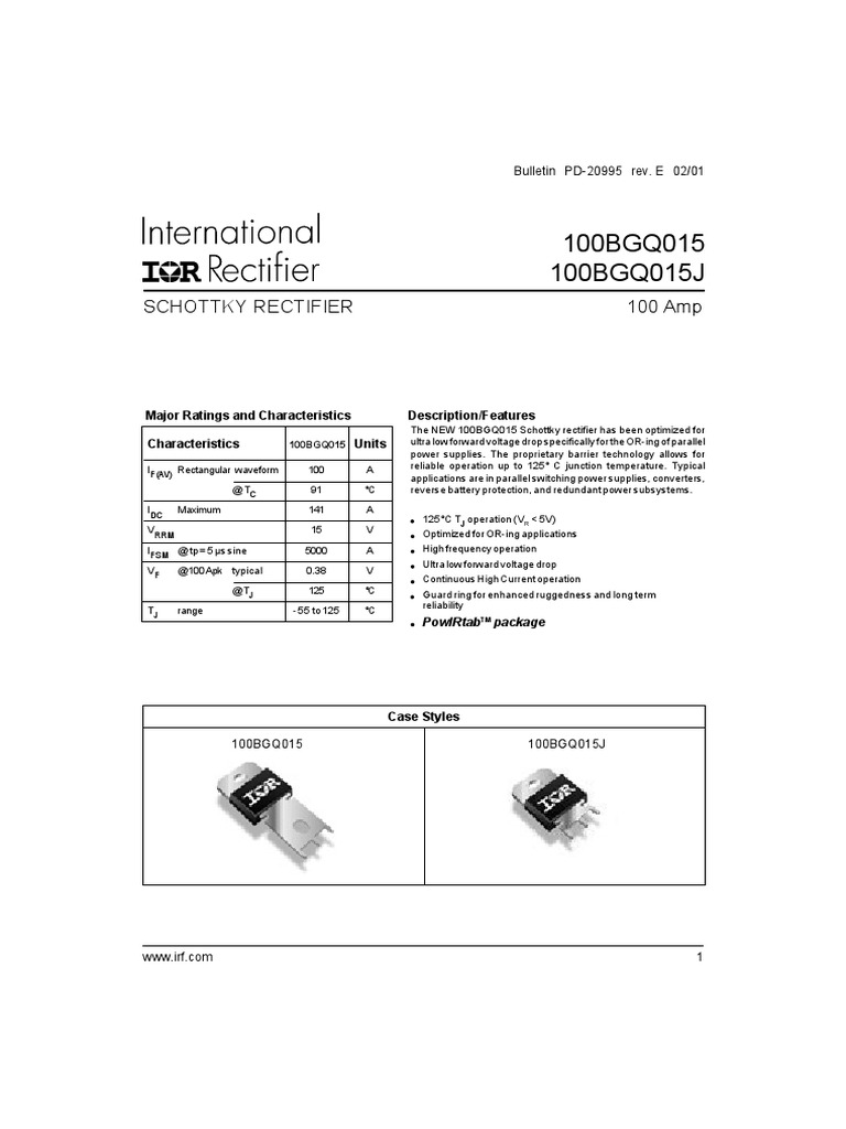 100BGQ015 100BGQ015J: Schottky Rectifier 100 Amp | PDF | Root Mean Square | Rectifier